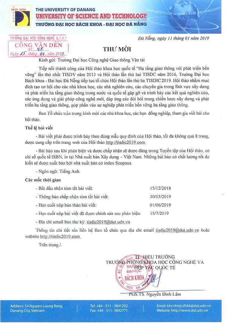 Thư Mời Viết Bài Hội Thảo Khoa Học Quốc Tế Hạ Tầng Giao Thông Với Phát