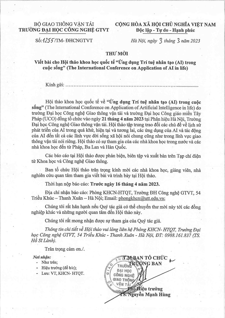 Thư Mời Viết Bài Cho Hội Thảo Khoa Học Quốc Tế Ứng Dụng Trí Tuệ Nhân